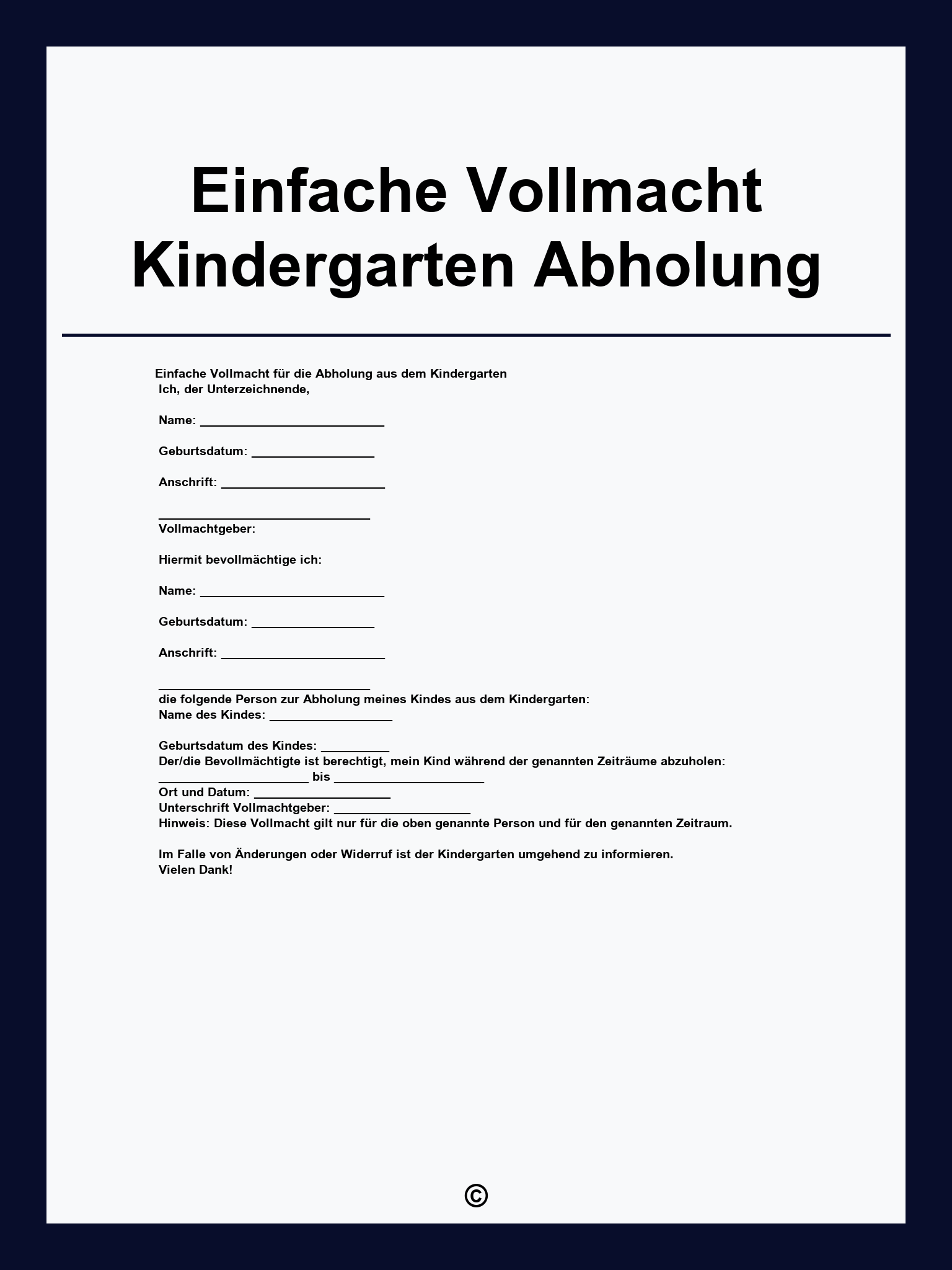 Einfache Vollmacht Kindergarten Abholung